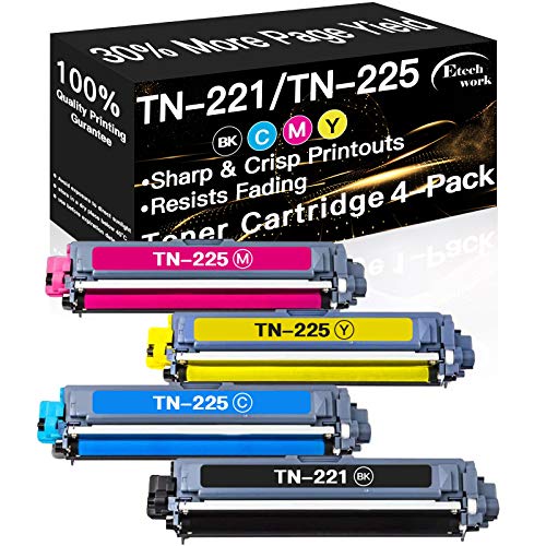 4-Pack (BK+C+M+Y) Compatible TN-221 TN221 Printer Toner Cartridge TN225 TN-225 TN221/225 Used for Brother MFC-9340CDW 9330CDW 9130CW HL-3170CW 3180CDW DCP-9020CDN, Sold by Etechwork