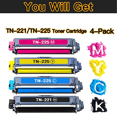 4-Pack (BK+C+M+Y) Compatible TN-221 TN221 Printer Toner Cartridge TN225 TN-225 TN221/225 Used for Brother MFC-9340CDW 9330CDW 9130CW HL-3170CW 3180CDW DCP-9020CDN, Sold by Etechwork