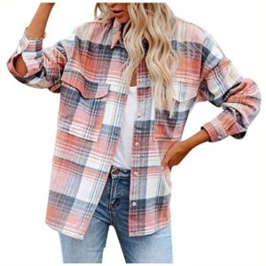 womens plaid shacket casual flannel plaid shirts woolen brushed lapel button down jacket stylish boyfriend cardigan coats