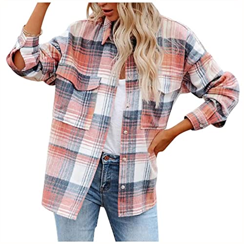 Womens Plaid Shacket Casual Flannel Plaid Shirts Woolen Brushed Lapel Button Down Jacket Stylish Boyfriend Cardigan Coats