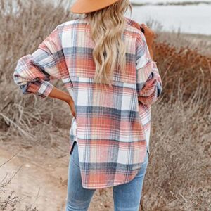 Womens Plaid Shacket Casual Flannel Plaid Shirts Woolen Brushed Lapel Button Down Jacket Stylish Boyfriend Cardigan Coats