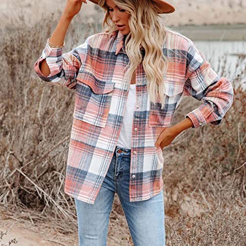 Womens Plaid Shacket Casual Flannel Plaid Shirts Woolen Brushed Lapel Button Down Jacket Stylish Boyfriend Cardigan Coats