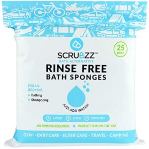 scrubzz disposable rinse free bathing wipes – 25 pack – all-in-1 single use shower wipes, simply dampen, lather, and dry without shampoo or rinsing