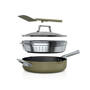 ninja cw102gn foodi neverstick possiblepan, premium set with 4-quart capacity pan, steamer/strainer basket, glass lid & integrated spatula, nonstick, durable & oven safe to 500°f, olive green