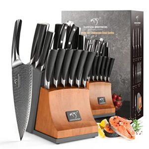 nanfang brothers knife set, 15-piece damascus kitchen knife set with block, abs ergonomic handle for chef knife set, knife sharpener and kitchen shears, knife block set