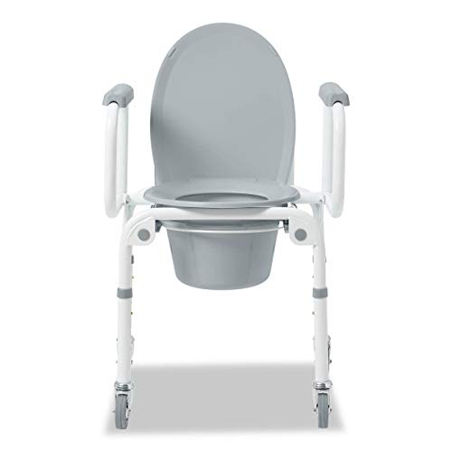 Medline Drop Arm Commode with Wheels, Swing Arm Rest for Easy Transfer, Padded Seat, Contains Chair, Pail, Lid, and Splash Guard, 250lb. Weight Capacity