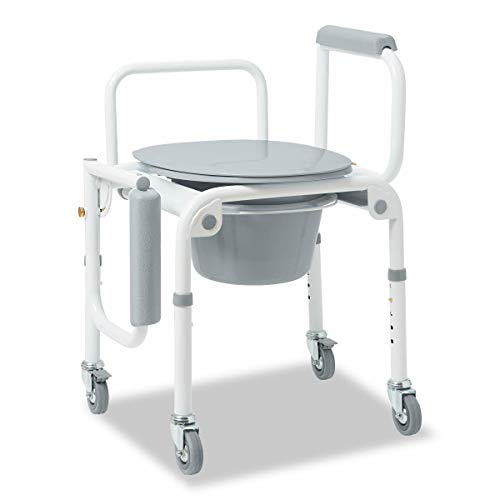 Medline Drop Arm Commode with Wheels, Swing Arm Rest for Easy Transfer, Padded Seat, Contains Chair, Pail, Lid, and Splash Guard, 250lb. Weight Capacity