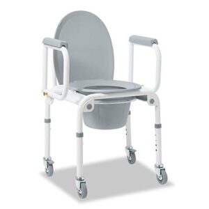 Medline Drop Arm Commode with Wheels, Swing Arm Rest for Easy Transfer, Padded Seat, Contains Chair, Pail, Lid, and Splash Guard, 250lb. Weight Capacity