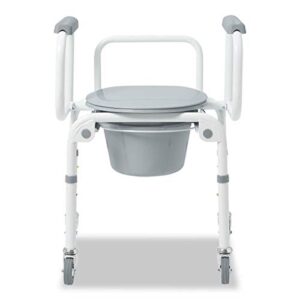 Medline Drop Arm Commode with Wheels, Swing Arm Rest for Easy Transfer, Padded Seat, Contains Chair, Pail, Lid, and Splash Guard, 250lb. Weight Capacity