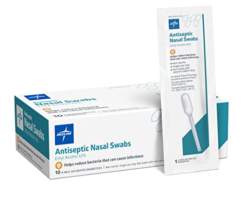 Medline Antiseptic Nasal Swabs, Reduces 99.99% of Bacteria, Presaturated, 62% Ethyl Alcohol, Pleasant Kiwi Scent, Individually Wrapped, 10 Count