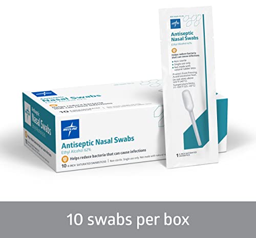 Medline Antiseptic Nasal Swabs, Reduces 99.99% of Bacteria, Presaturated, 62% Ethyl Alcohol, Pleasant Kiwi Scent, Individually Wrapped, 10 Count