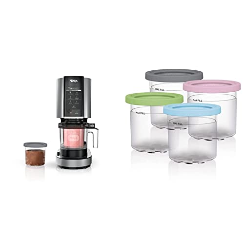 Ninja NC301 CREAMi Ice Cream Maker, for Gelato, Mix-ins, Milkshakes, Sorbet, Smoothie Bowls & More, Silver & Pints 4 Pack, Compatible with NC299AMZ & NC300s Series Creami Ice Cream Makers