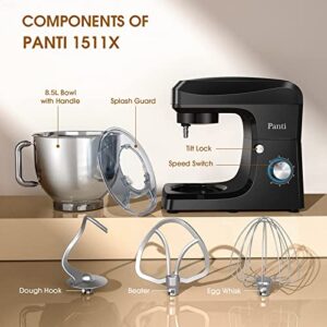 Panti Stand Mixer, 8.5 Qt. 660W 6+P Speed Kitchen Aid with Dough Hooks, Whisk, Beater and Suction Cup Bottom Splash Guard Attachments for Baking Bread, Cookie, Kneading, Dishwasher Safe, Black