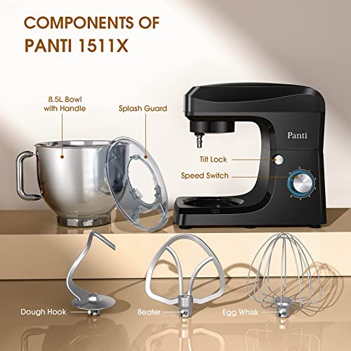 Panti Stand Mixer, 8.5 Qt. 660W 6+P Speed Kitchen Aid with Dough Hooks, Whisk, Beater and Suction Cup Bottom Splash Guard Attachments for Baking Bread, Cookie, Kneading, Dishwasher Safe, Black