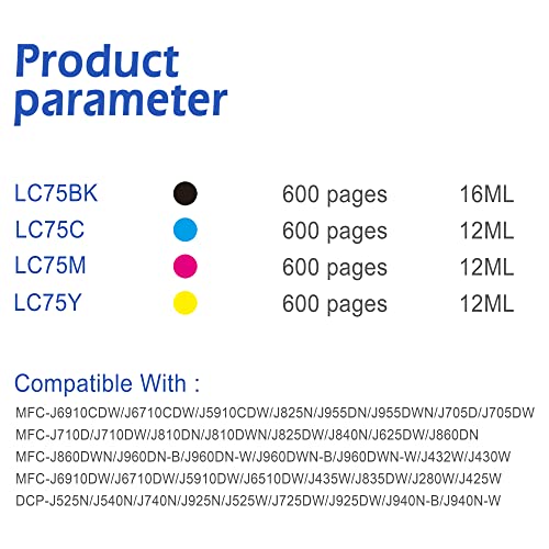 EASYPRINT (12BK/4C/4M/4Y) Compatible LC75 Ink Cartridge Replacement for Brother LC-75 LC71 LC79 MFC-J6910CDW/J6710CDW/J5910CDW/J825N/ DCP-J525N/J540N/J740N Printer (24 Pack)