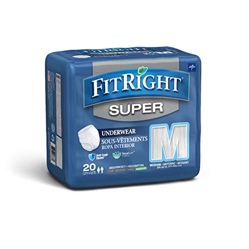 FitRight Super Adult Incontinence Underwear, Maximum Absorbency, Medium, 28-40, 4 Packs of 20 (80 Total)