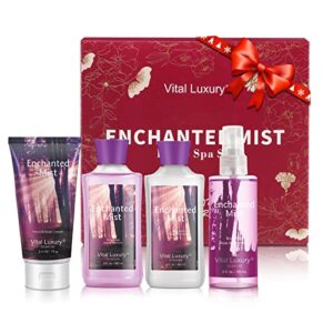 vital luxury bath & body kit, 3 fl oz, ideal skincare gift home spa set, includes body lotion, shower gel, body cream, and fragrance mist, valentines day gifts for her and him(enchanted mist)