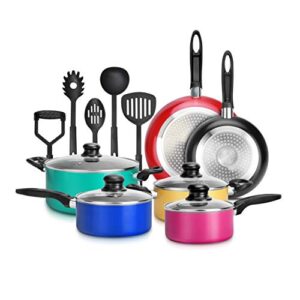 15-piece nonstick kitchen cookware set ptfe/pfoa/pfos- free | colorful heat resistant lacquer kitchen ware pots pan set w/ saucepot, frying pans, pots, oven pot, lids, 5 utensil – nutrichef nccwcor15