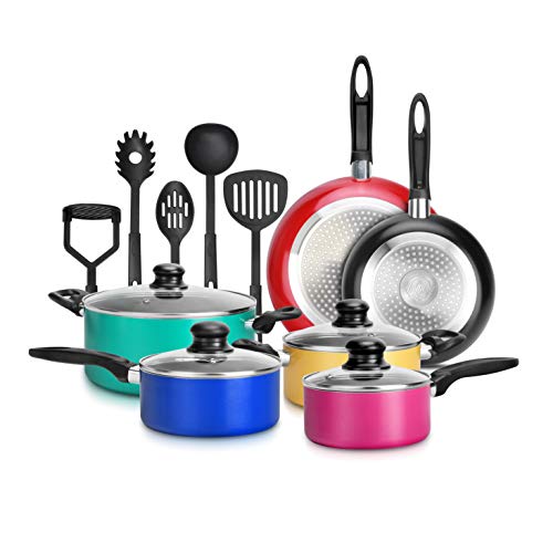 15-Piece Nonstick Kitchen Cookware Set PTFE/PFOA/PFOS- Free | Colorful Heat Resistant Lacquer Kitchen Ware Pots Pan Set w/ Saucepot, Frying Pans, Pots, Oven Pot, Lids, 5 Utensil - NutriChef NCCWCOR15