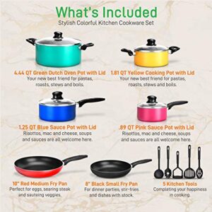 15-Piece Nonstick Kitchen Cookware Set PTFE/PFOA/PFOS- Free | Colorful Heat Resistant Lacquer Kitchen Ware Pots Pan Set w/ Saucepot, Frying Pans, Pots, Oven Pot, Lids, 5 Utensil - NutriChef NCCWCOR15