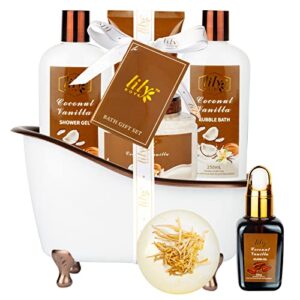 spa gift baskets for women, coconut vanilla bath and body gift set for women with essential oil with shower gel, bubble bath, body lotion, bath bomb, jojoba oil, birthday & christmas bubble gifts for women mom girlfriend.