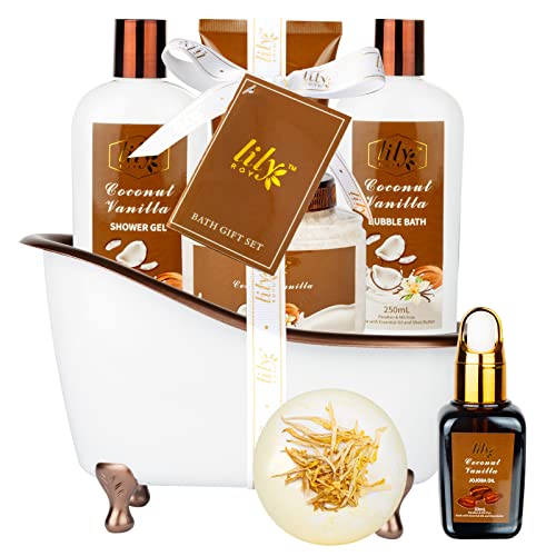 Spa Gift Baskets for Women, Coconut Vanilla Bath and Body Gift Set for Women with Essential Oil with Shower Gel, Bubble Bath, Body Lotion, Bath Bomb, Jojoba Oil, Birthday & Christmas Bubble Gifts for Women Mom Girlfriend.