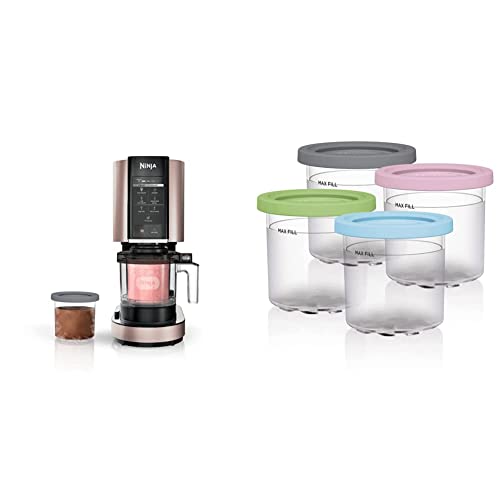 Ninja NC301 CREAMi Ice Cream Maker, Rose Gold & XSKPLD4BCD Pints 4 Pack, Compatible with NC299AMZ & NC300s Series Creami Ice Cream Makers, 1, Clear/Grey/Lime/Pink/Acqua