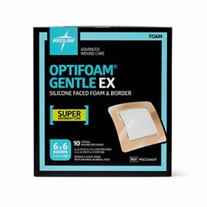 medline optifoam gentle ex bordered foam adhesive dressing, 6″ x 6″ square (10 count)