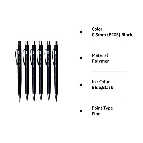 Pentel 0.5mm (P205) Black P200 Series Automatic Mechanical Drafting Pencil Refillable Lead Eraser P205-A (Pack of 6)