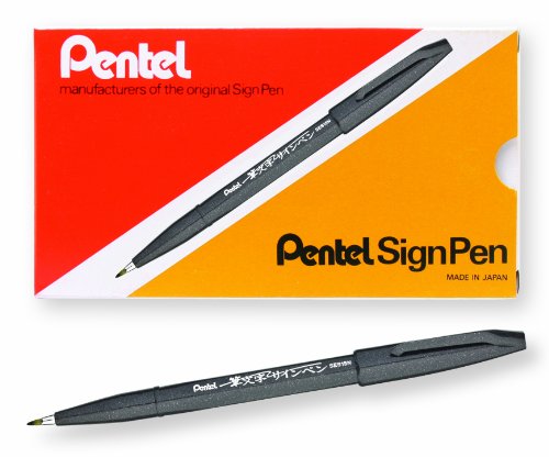 Pentel Arts Sign Pen Touch, Fude Brush Tip, Black Ink , Box of 12 (SES15-NA)