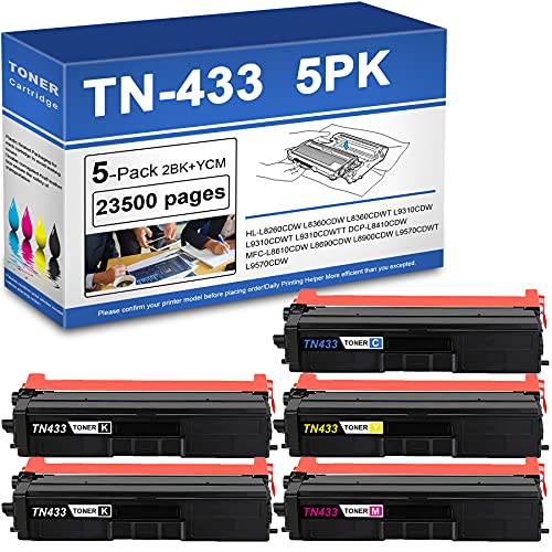 LKKJ (2BK+1Y+1C+1M) 5 Pack TN-433BK TN-433Y TN-433C TN-433M High Yield Toner Cartridge Replacement for Brother TN433 HL-L8260CDW L8360CDW L8360CDWT MFC-L8900CDW Printer Toner.