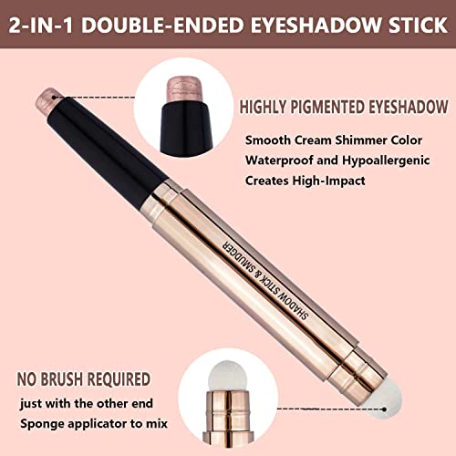 Metiplou 2 in 1 Rose Gold Eyeshadow Stick Cream Shimmer Smooth Glitter Single Powder Eyeshadow Pencil, Hypoallergenic Waterproof Long Lasting Eye Shadow Stick Multi-Dimensional Eyes Look