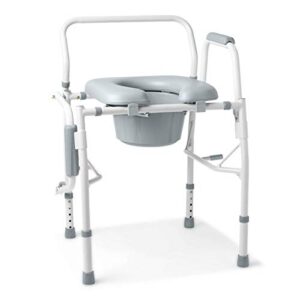 medline drop arm commode, swing arm rest for easy transfer, padded seat, contains chair, pail, lid, and splash guard, 350lb. weight capacity