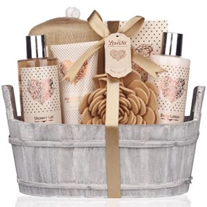 spa gift basket – bath and body set with vanilla fragrance by lovestee – bath gift basket includes shower gel, body lotion, hand lotion, bath salt, eva sponge and a bath puff