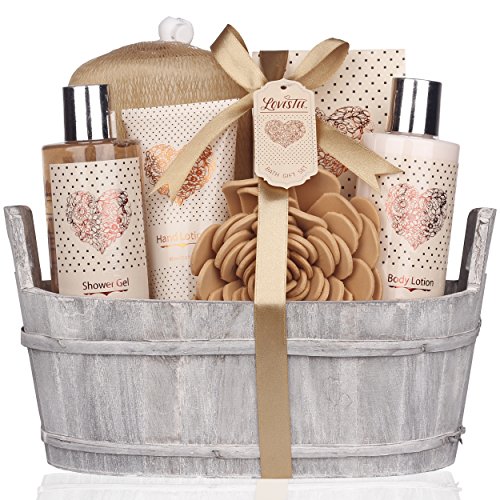 Spa Gift Basket – Bath and Body Set with Vanilla Fragrance by Lovestee - Bath Gift Basket Includes Shower Gel, Body Lotion, Hand Lotion, Bath Salt, Eva Sponge and a Bath Puff