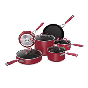 ninja c29500 foodi neverstick vivid 10-piece cookware set with lids, nonstick, durable & oven safe to 400°f, cool-touch handles, crimson red