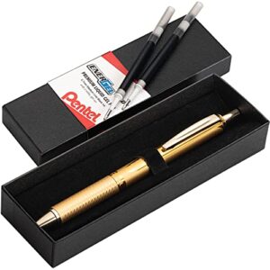 pentel energel 0.7 alloy rollerball retractable liquid gel metal pen – gold pen barrel – black ink – gift set with 2 refills for women, & men.