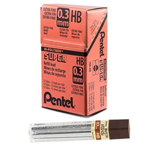 pentel, 300-hb, super hi-polymer lead refills, 0.3 mm, hb, black, 12/tube, sold as 1 tube