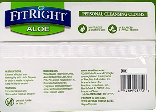 FitRight Aloe Personal Cleansing Cloth Wipes, Scented, 8 x 10 inch Adult Large Incontinence Wipes, 68 count, pack of 12