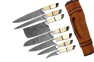 gladiatorsguild g26- professional kitchen knives custom made damascus steel 7 pcs of professional utility chef kitchen knife set with chopper / cleaver white & black