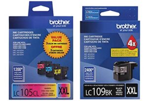 brother genuine ultra high yield black ink cartridge lc109bk and super high yield cyan magenta and yellow cartridges lc105c, lc105m, lc105y