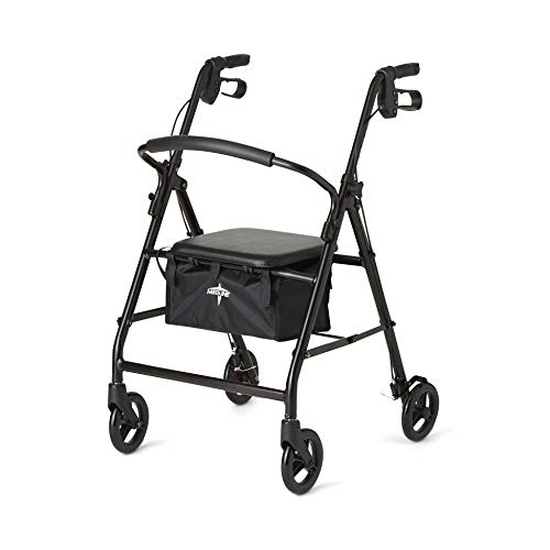 Medline Aluminum Rollator Walker with Seat, Folding Mobility Rolling Walker has 6 inch Wheels, Black