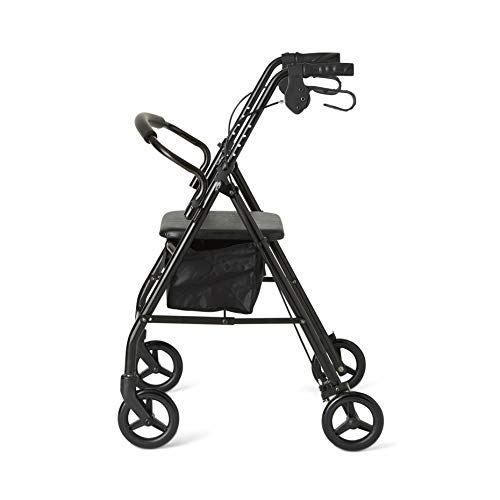 Medline Aluminum Rollator Walker with Seat, Folding Mobility Rolling Walker has 6 inch Wheels, Black