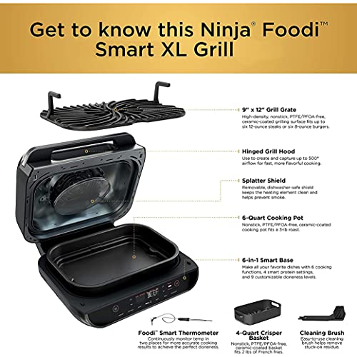 Ninja FG551H Foodi Smart XL 6-in-1 Indoor Grill with 4-Quart Air Fryer Roast Bake Dehydrate Broil and Leave-in Thermometer, with Extra Large Capacity (Renewed) (Navy)