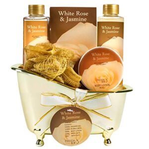 white rose jasmine spa set for women displayed in elegant gold tub includes shower gel, bubble bath, body lotion, jasmine bath salt and pouf, award winning bath and body set