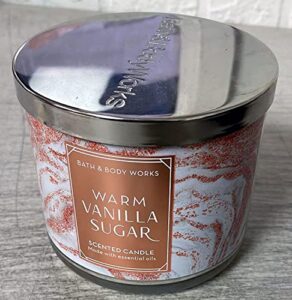 white barn candle company bath and body works 3-wick scented candle w/essential oils – 14.5 oz – warm vanilla sugar (vanilla, white orchid, sparkling sugar, fresh jasmine, creamy sandalwood)