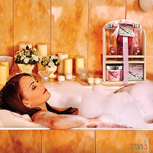 Home Spa Gift Basket - Deluxe Cherry Blossom Fragrance - Luxury Bath & Body Set For Women - Contains Shower Gel, Bubble Bath, Bath Salts, Body Lotion, Bath Puff, Pink Bath Rose Soaps in Wooden Curio