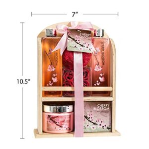 Home Spa Gift Basket - Deluxe Cherry Blossom Fragrance - Luxury Bath & Body Set For Women - Contains Shower Gel, Bubble Bath, Bath Salts, Body Lotion, Bath Puff, Pink Bath Rose Soaps in Wooden Curio