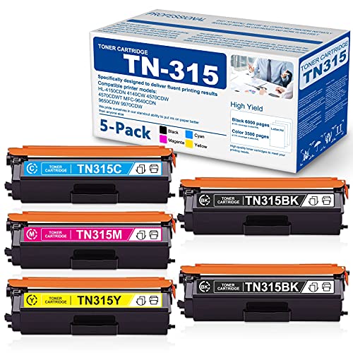 5 Pack (2BK+1C+1M+1Y) TN-315 TN315 Compatible TN315BK TN315C TN315M TN315Y Toner Cartridge Replacement for Brother HL-4150CDN 4140CW MFC-9640CDN 9650CDW Printer Ink Cartridge,Sold by MICHESTA