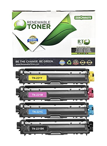 Renewable Toner Compatible Toner Cartridge Replacement for Brother TN221 TN-221C TN-221M TN-221Y TN-221K Printers HL-3140CW 3170CDW MFC-9130CW 9340CDW (Cyan, Yellow, Magenta, Black, 4-Pack)